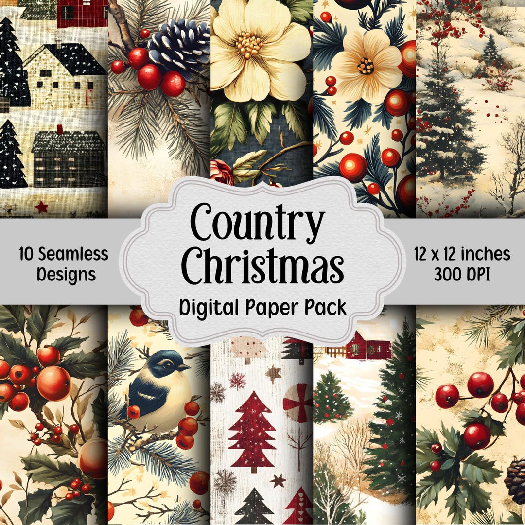 Country Christmas Digital Paper Bundle, 10 Seamless Patterns, Junk ...