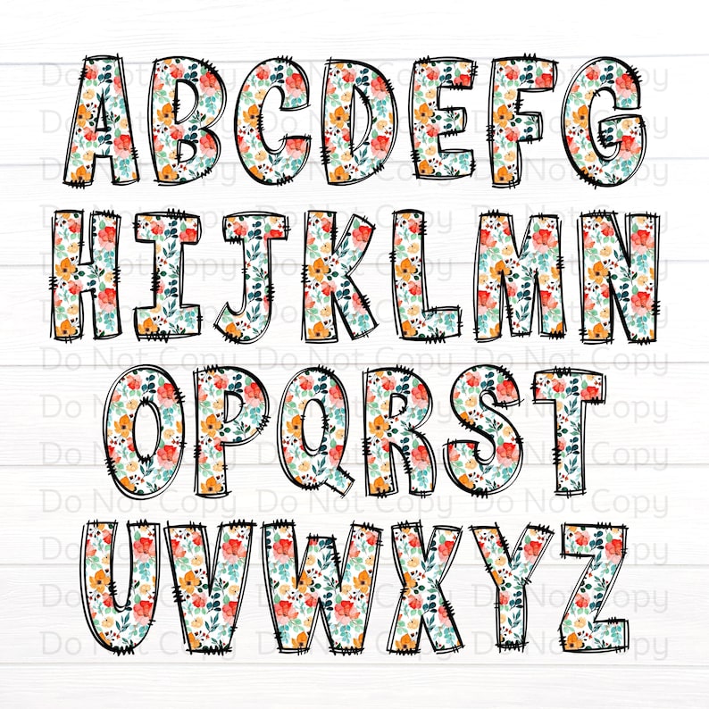 Floral Doodle Letters, Watercolor Flowers Alpha Set, Alphabet PNG Set ...