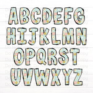 Floral Doodle Letters, Spring Floral Alphabet PNG Set, Sublimation ...