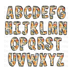 Floral Doodle Letters, Retro Flowers Alpha Set, Alphabet PNG Set ...