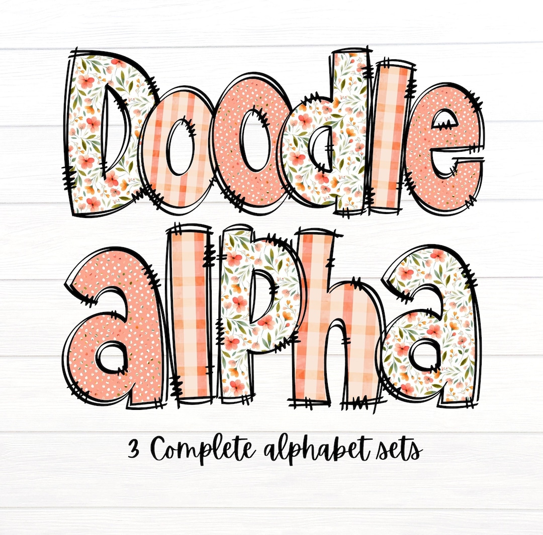 Doodle Letters, Peach and Green Floral Alphabet Set, Alphabet PNG Set ...