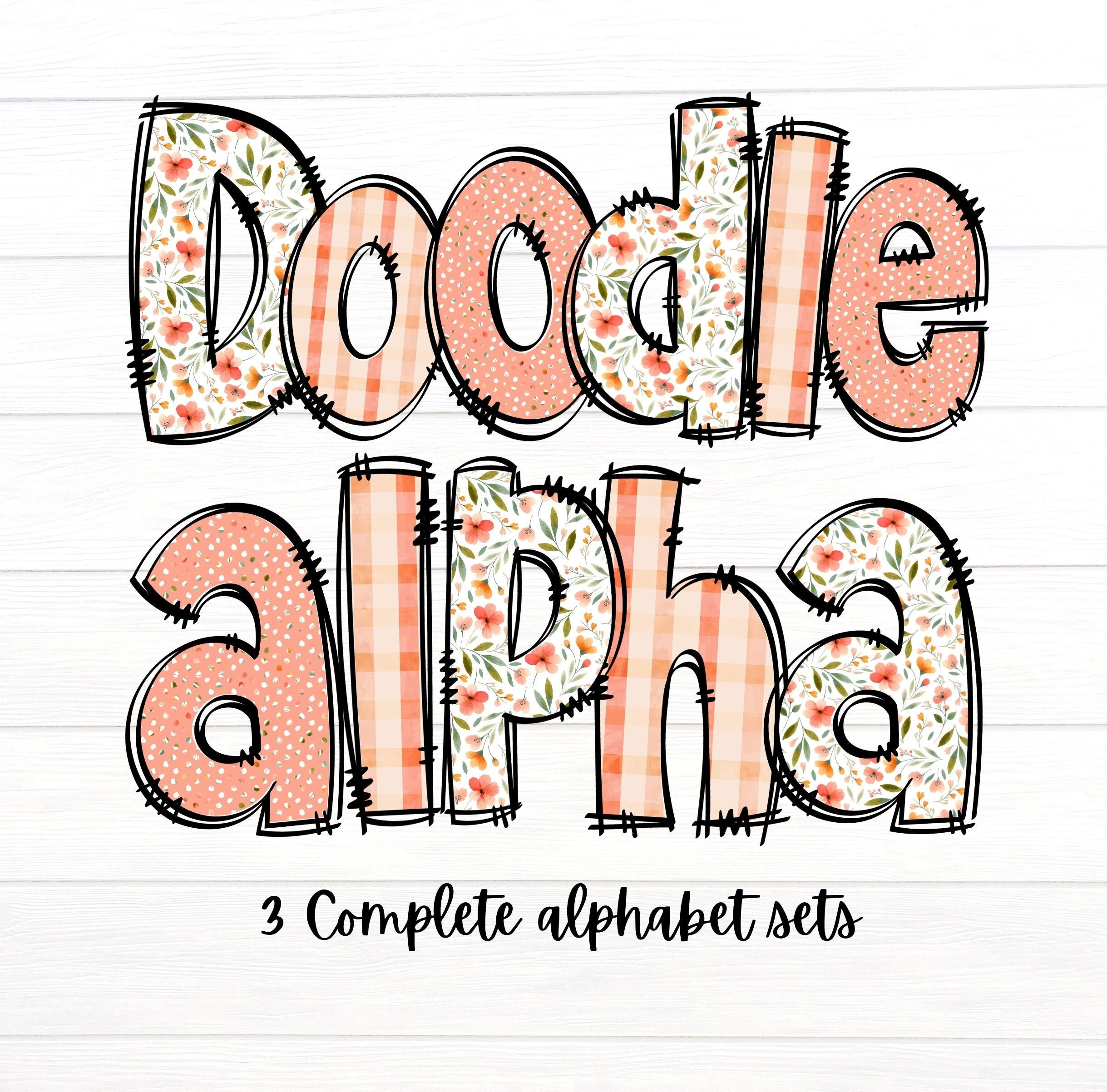 Doodle Letters, Peach and Green Floral Alphabet Set, Alphabet PNG Set ...