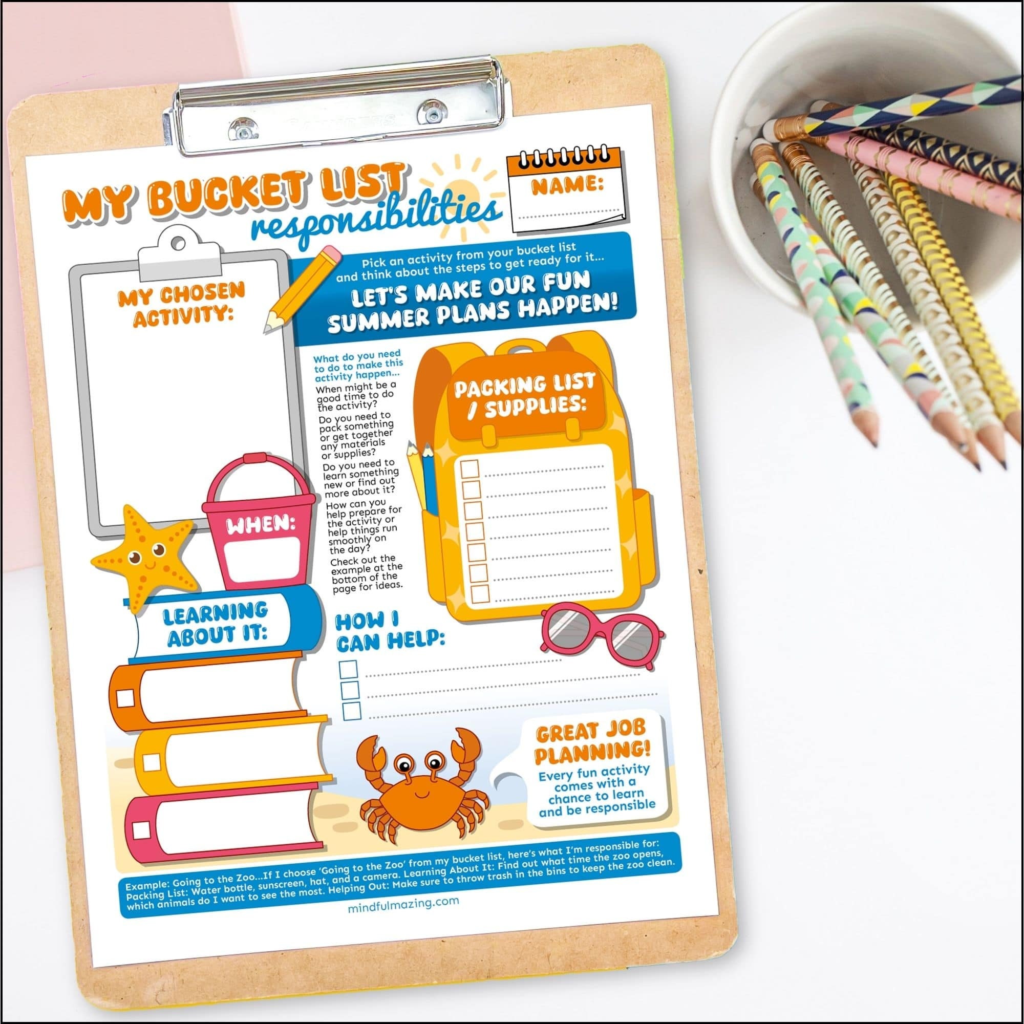 Summer Bucket List for Kids, Responsibility Planner for Kids, Goal ...