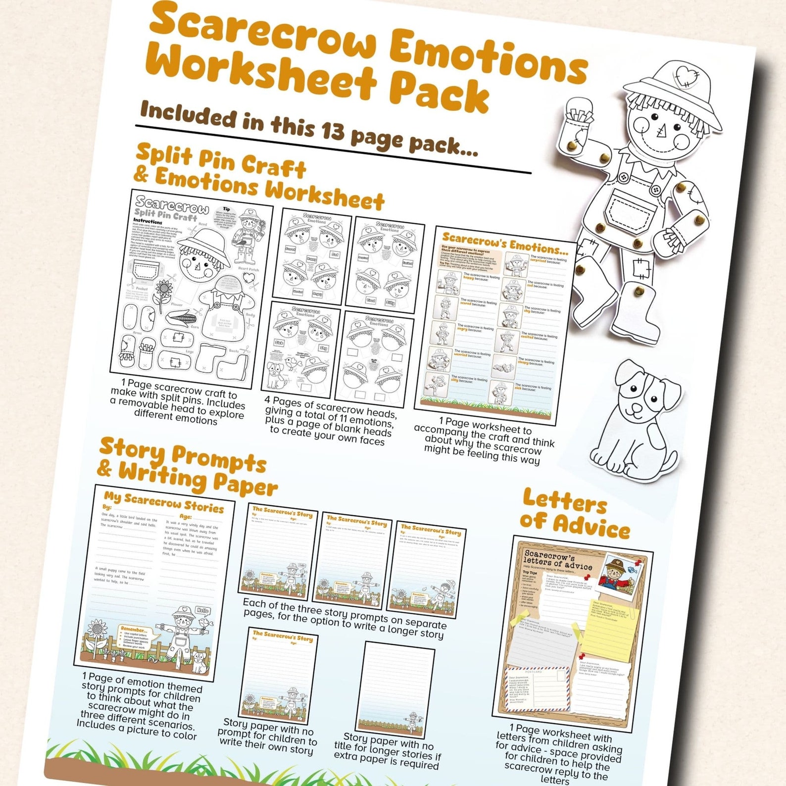 Emotions Activities Scarecrow Craft and Writing SEL Kit, Fall Social ...