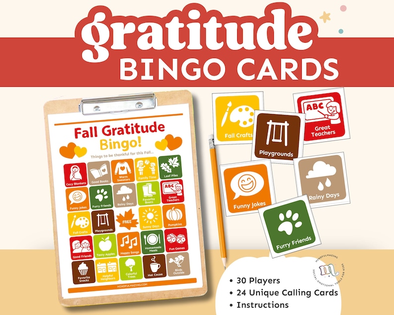 Gratitude Bingo Game for Kids, Fall Bingo, Gratitude Games, Printable ...