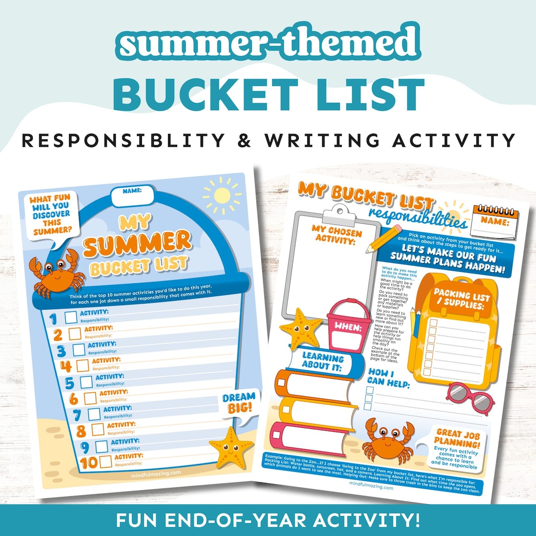 Summer Bucket List for Kids, Responsibility Planner for Kids, Goal ...
