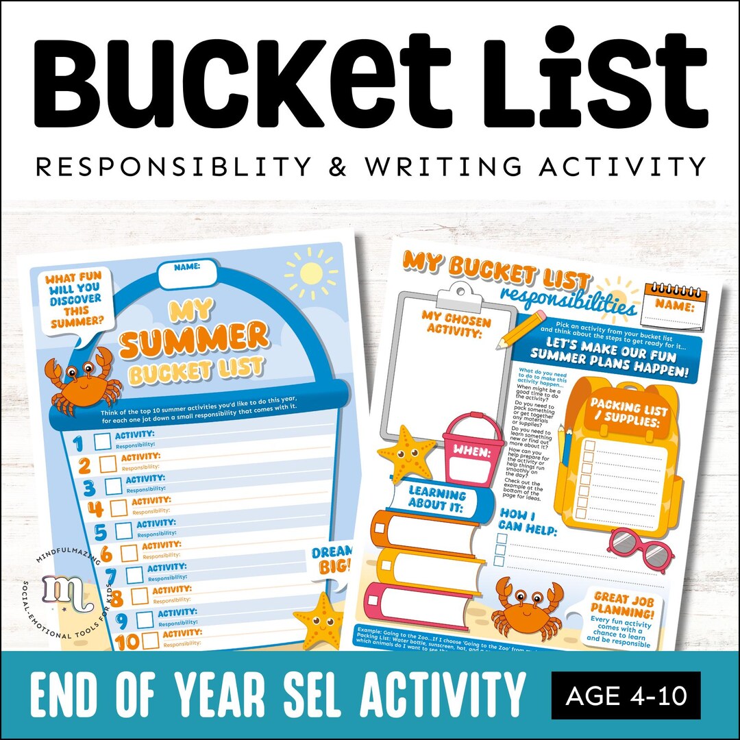 Summer Bucket List for Kids, Responsibility Planner for Kids, Goal ...