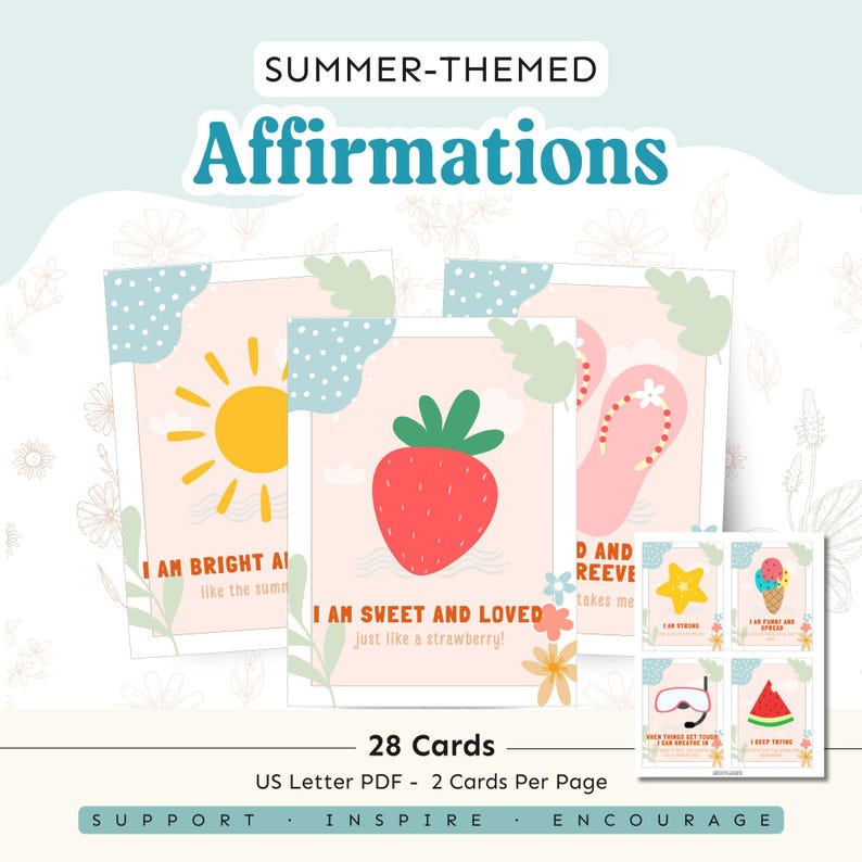 Summer Themed Positive Affirmation Cards for Kids, Boost Self ...