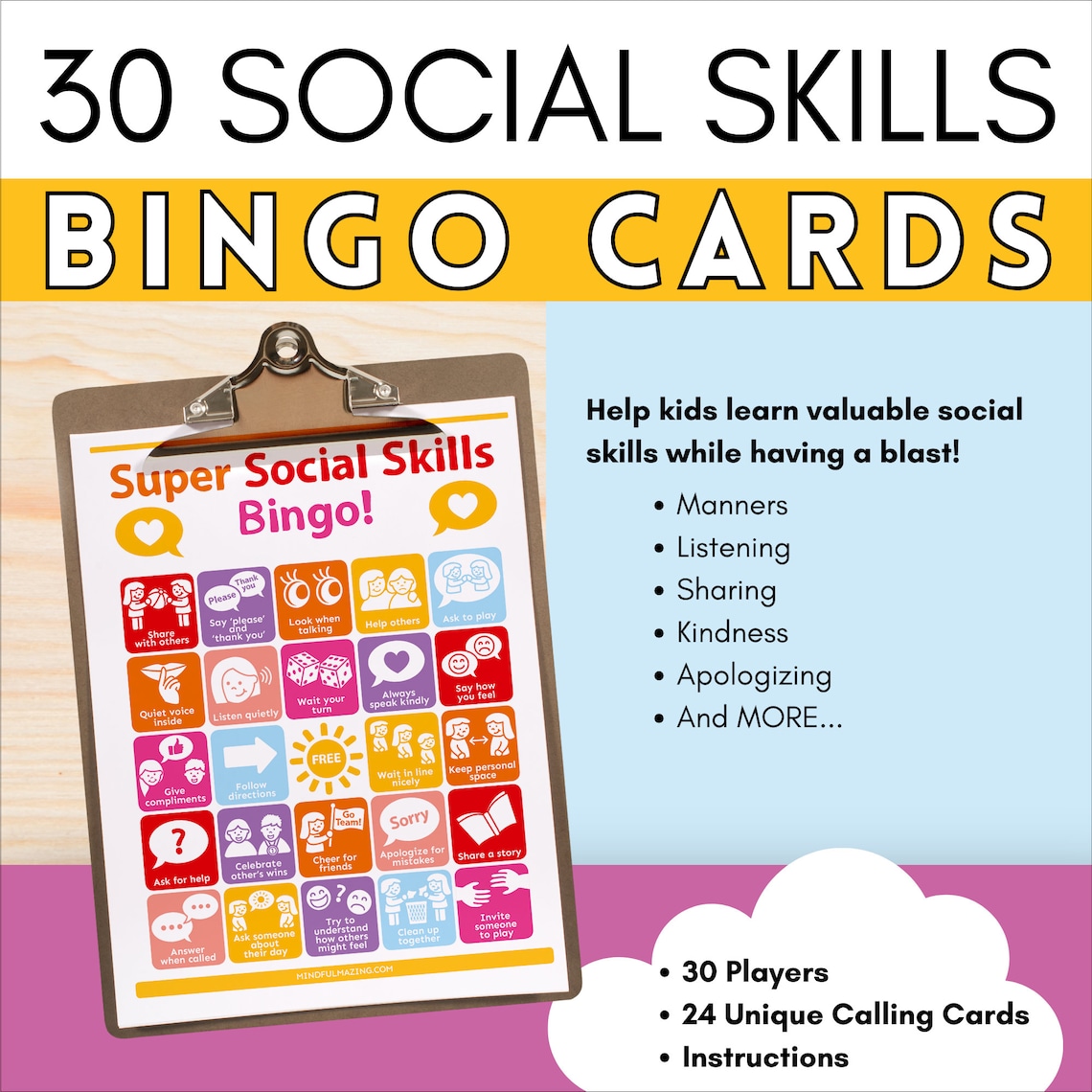 Social Skills BINGO Game | Printable BINGO Game | 30 Players | Social ...