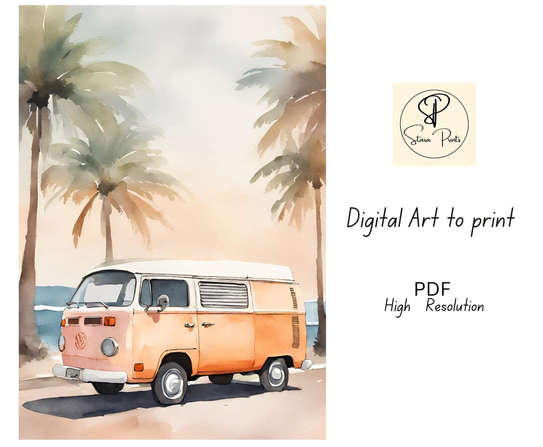 Surf Van Watercolor Art Print: Pastel Beach Scene (A3 Digital Download ...