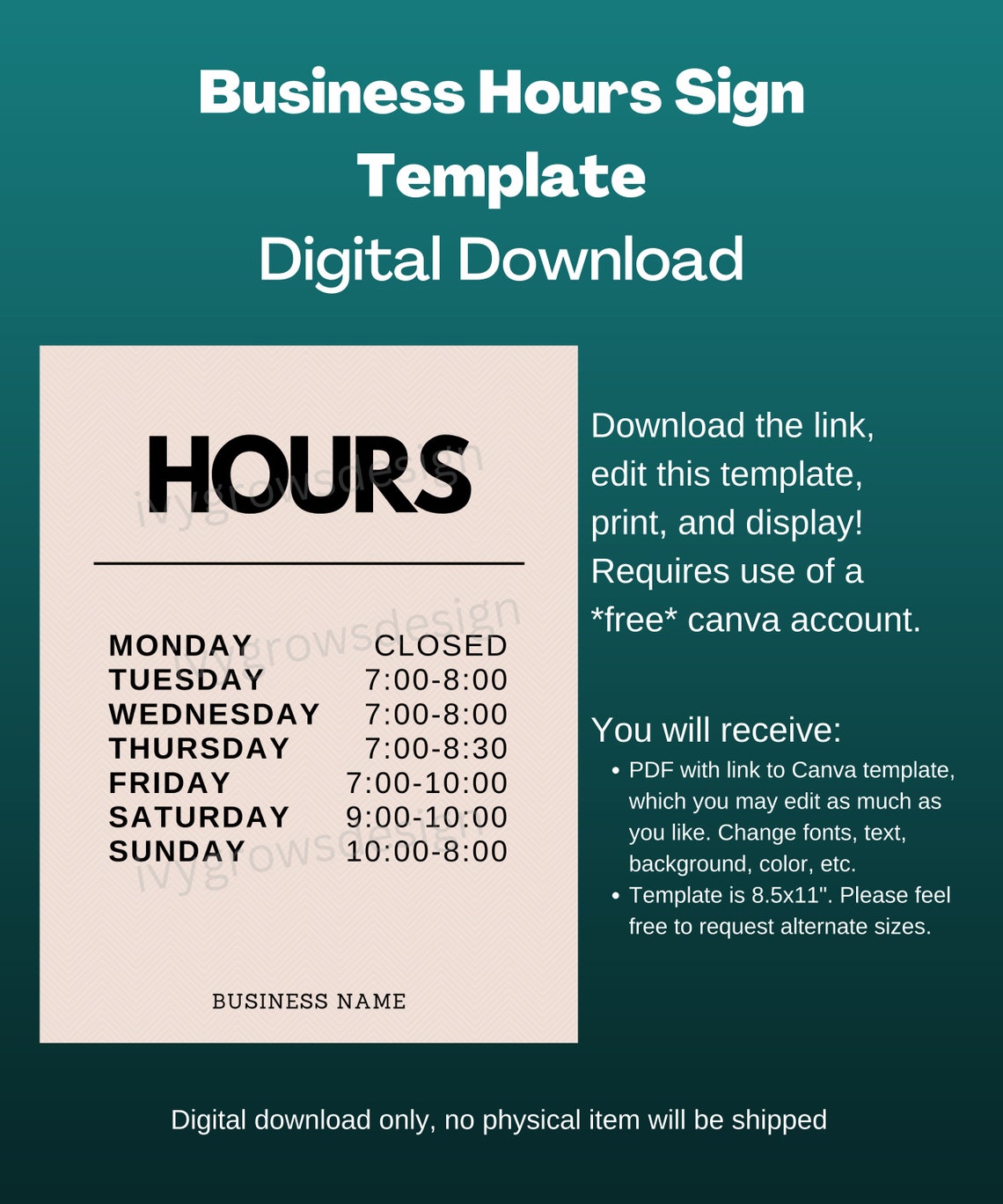 Hours Sign Template for Small Business or Store, Editable Custom Poster ...