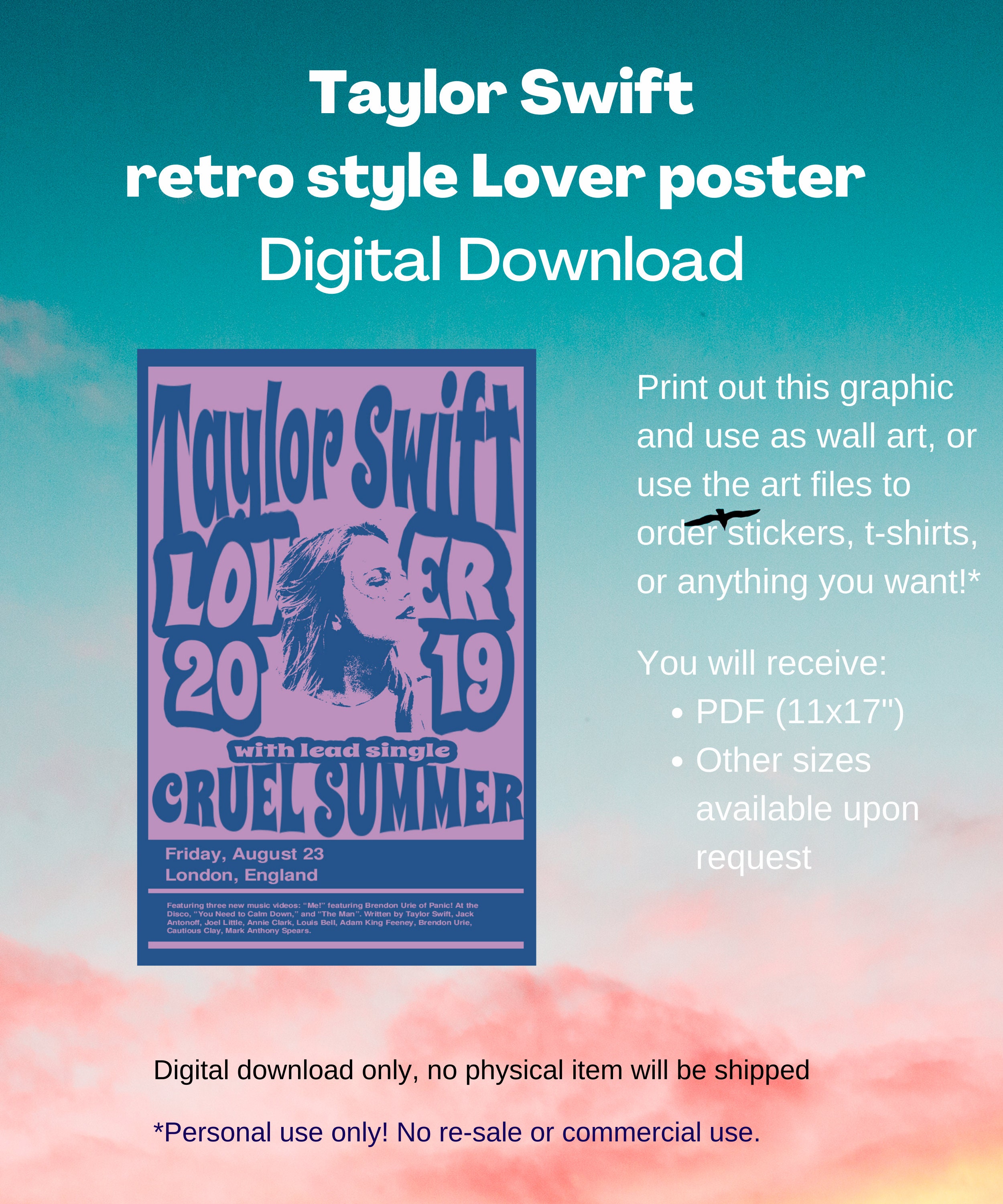 Taylor Swift Lover, Retro Concert Poster, Digital Download, Vintage ...