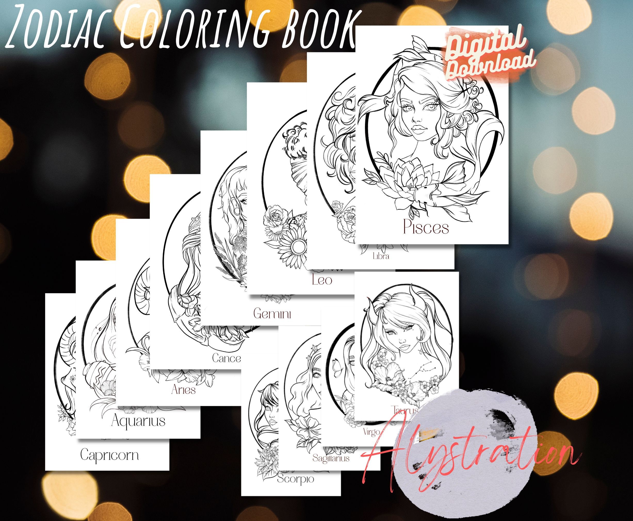 Downloadable Zodiac Coloring Pages, 12 Pc Set Zodiac Art, Zodiac Gifts ...