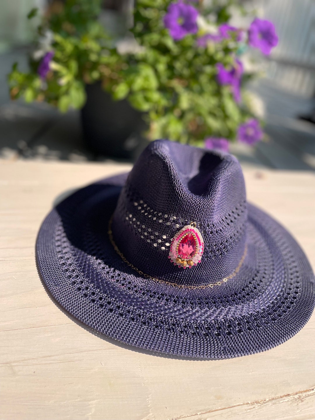 Sun Hat Embellished With a Beaded Glass Center and Gold Chain Band ...