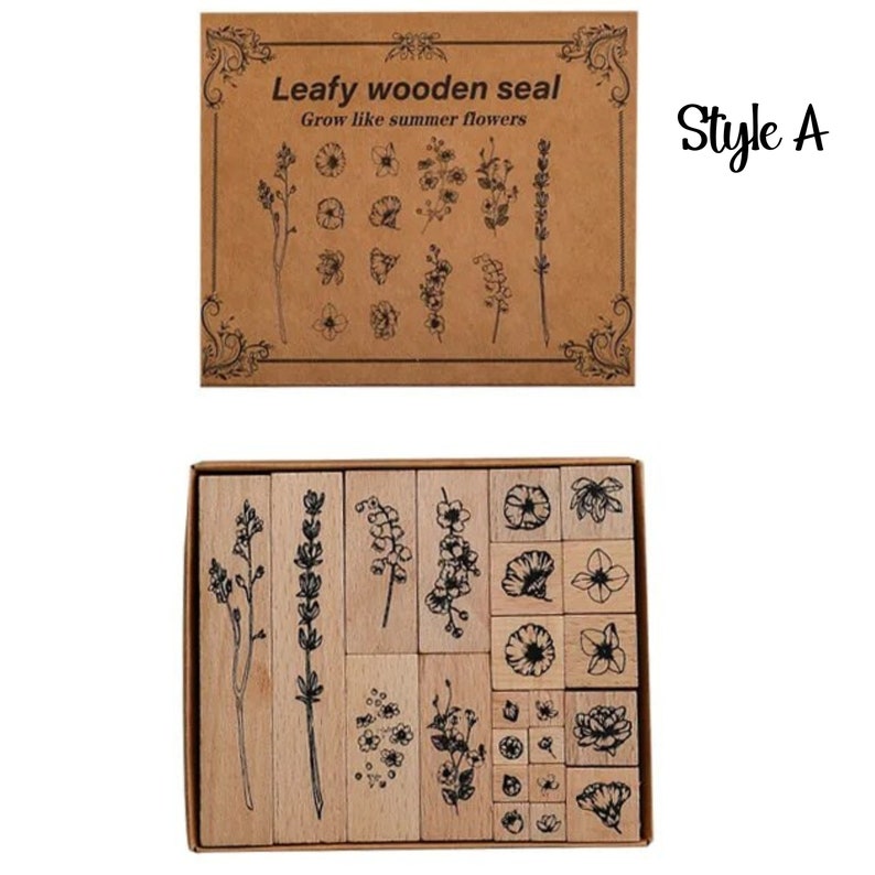 Set of 22 Items, Wooden Rubber Stamp, Plant, Leaf, Floral, Decorative ...