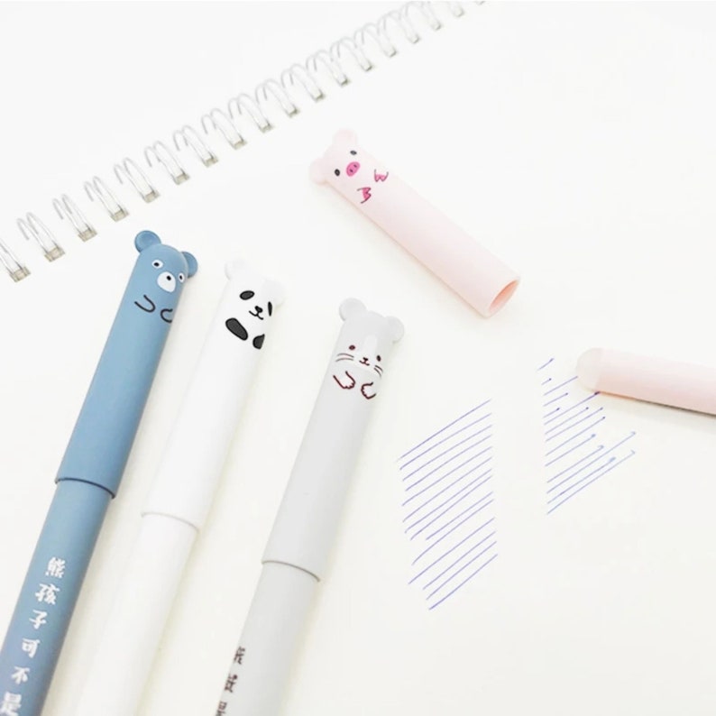 Cute Animal Erasable Gel Pen Set (4 Pcs) - Pig, Bear, Cat, Mouse ...