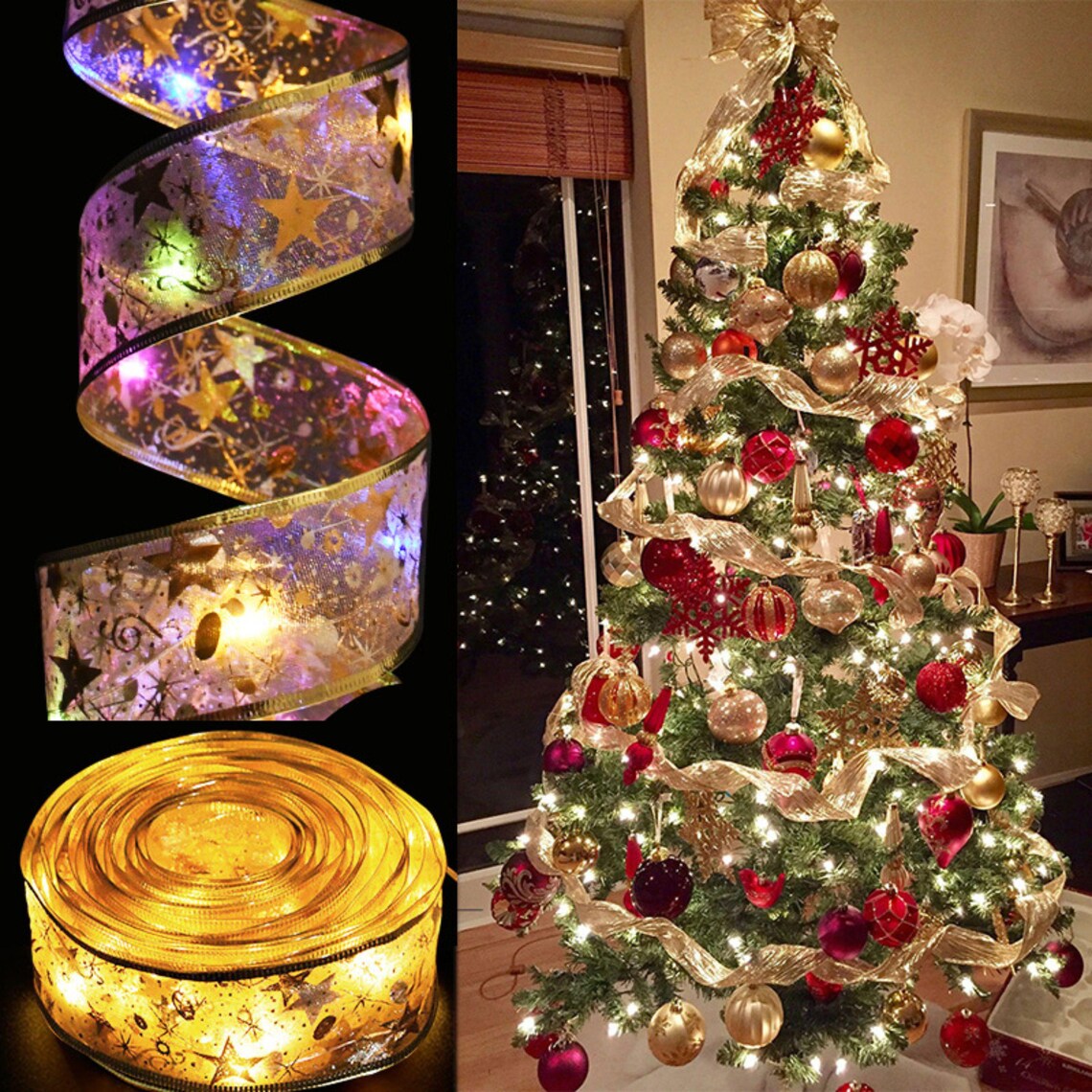 LED Christmas Bow String Lights DIY Lace Ribbon Tree Ornaments Holiday ...