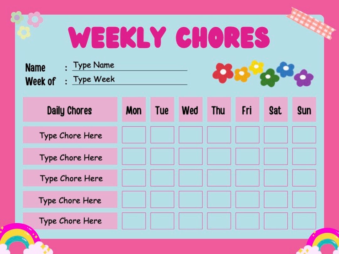 Editable Weekly Chores Instant Download Girls Room Kids Toddlers List ...
