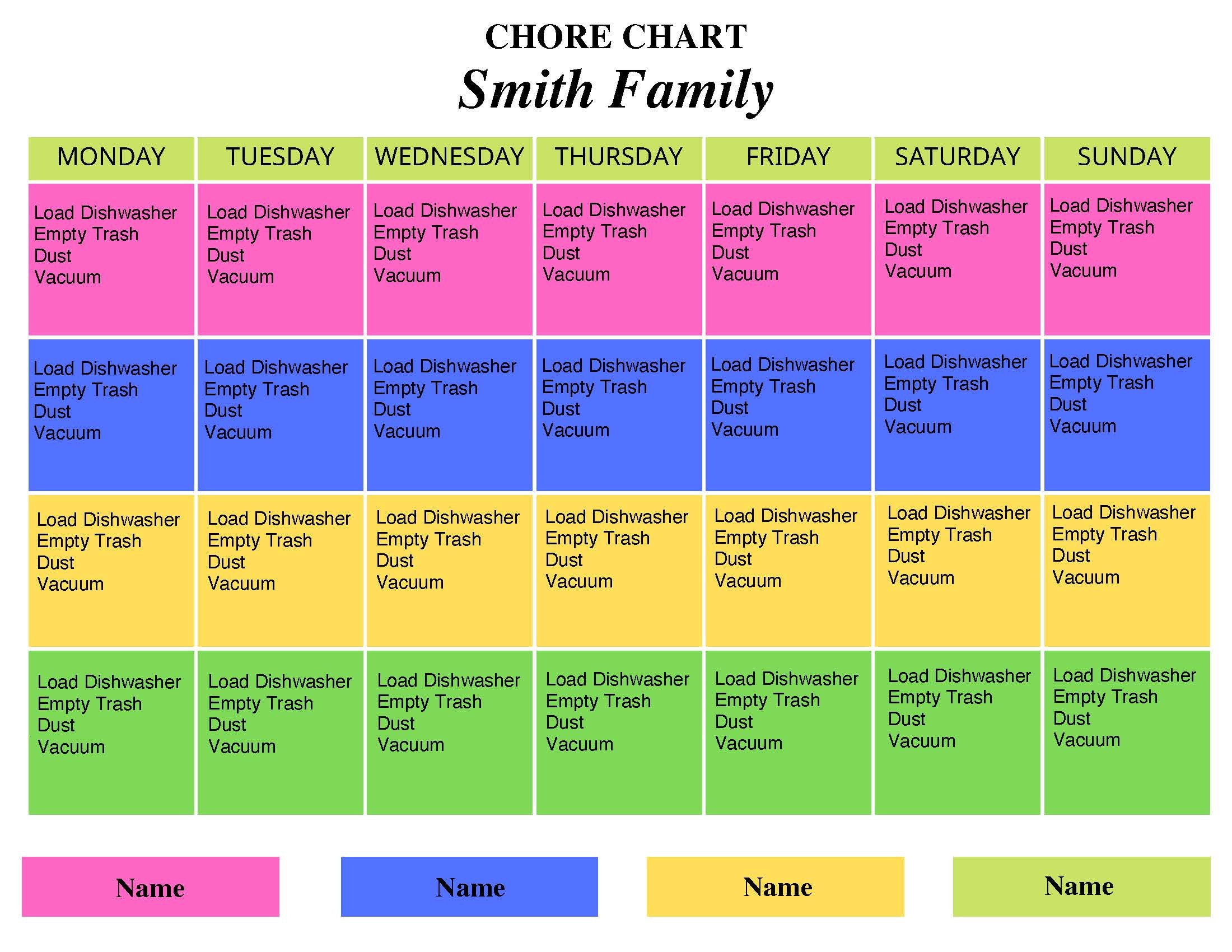 Family Chore Chart Text Editable Color Coded Instant PDF Download - Etsy