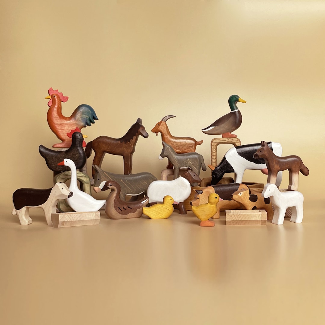 Wooden Farm Animals & Birds Set 20 Pcs Wooden Toys Wooden Cow, Pig ...