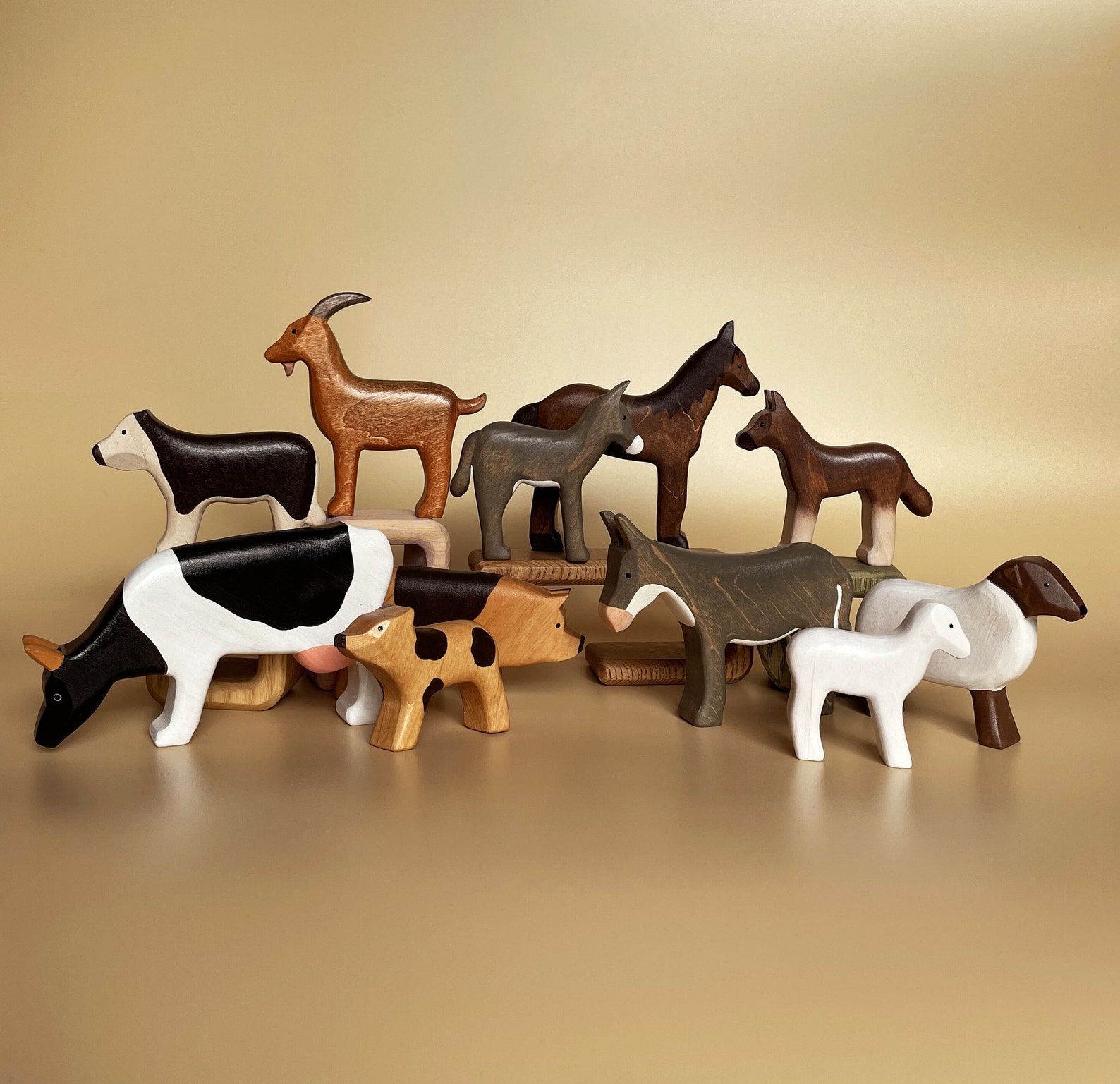 Wooden Farm Animals 11 Pcs Wooden Toys Wooden Cow, Pig, Sheep, Goat ...