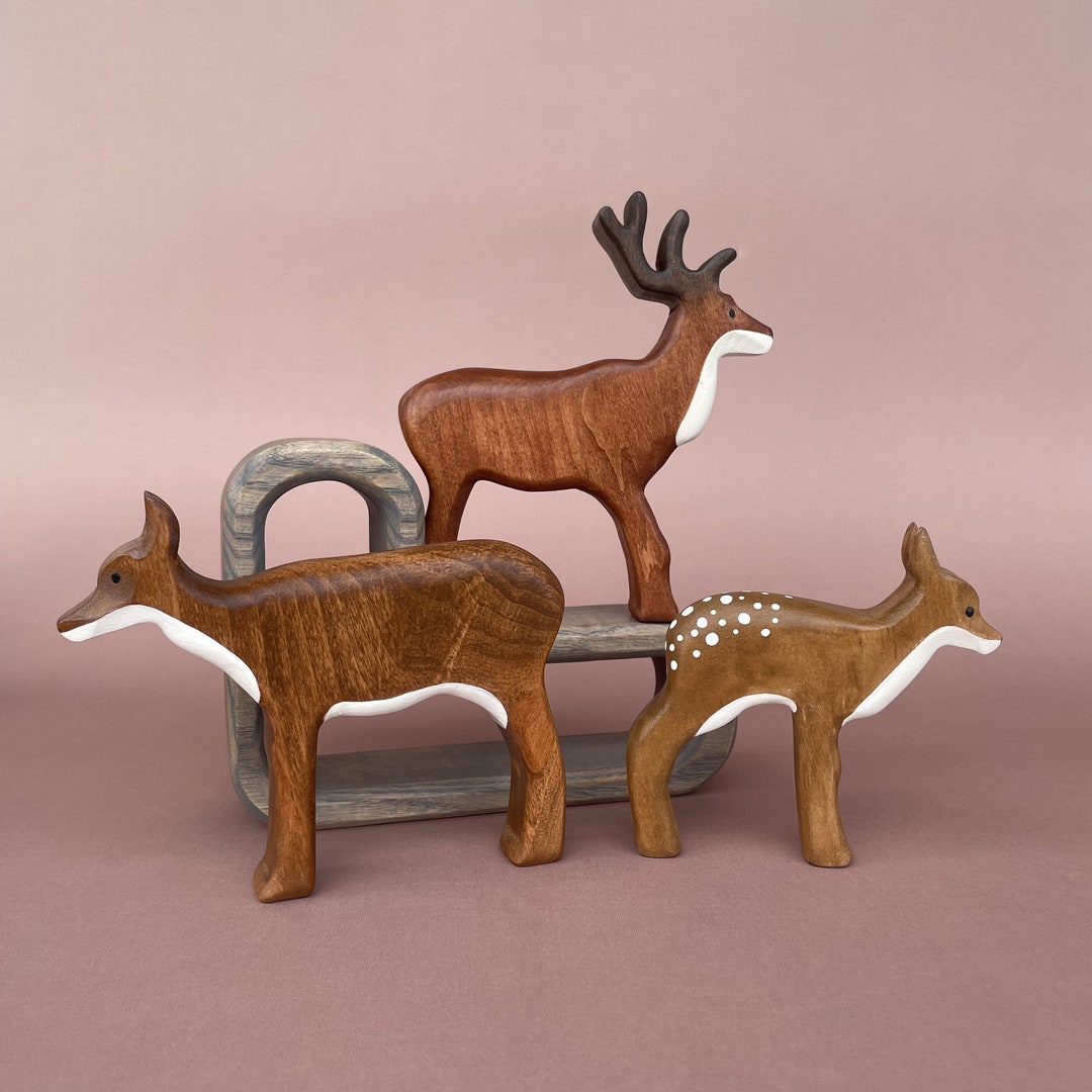 Wooden Deer Figurines (3 Pcs) - Toy Set Wooden Animals - Wooden Toys ...