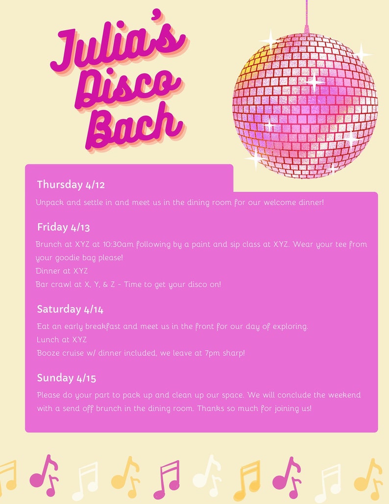 Disco Bachelorette Itinerary Template - Etsy