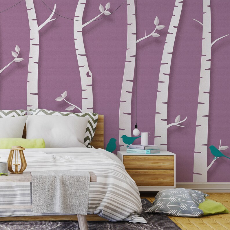 Birch Tree Forest Wallpaper Nature Theme Wall Mural, Easy Peel and ...