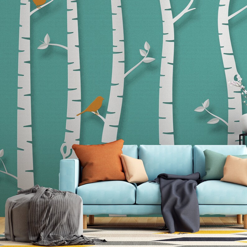 Birch Tree Forest Wallpaper Nature Theme Wall Mural, Easy Peel and ...