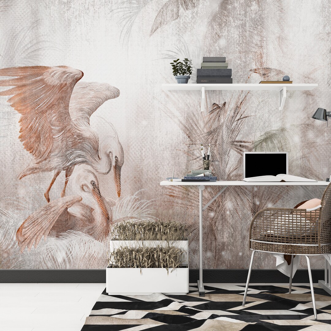 Stork Jungle Wallpaper: Tropical Birds Mural, Peelable Stickable ...