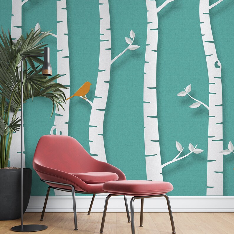 Birch Tree Forest Wallpaper Nature Theme Wall Mural, Easy Peel and ...