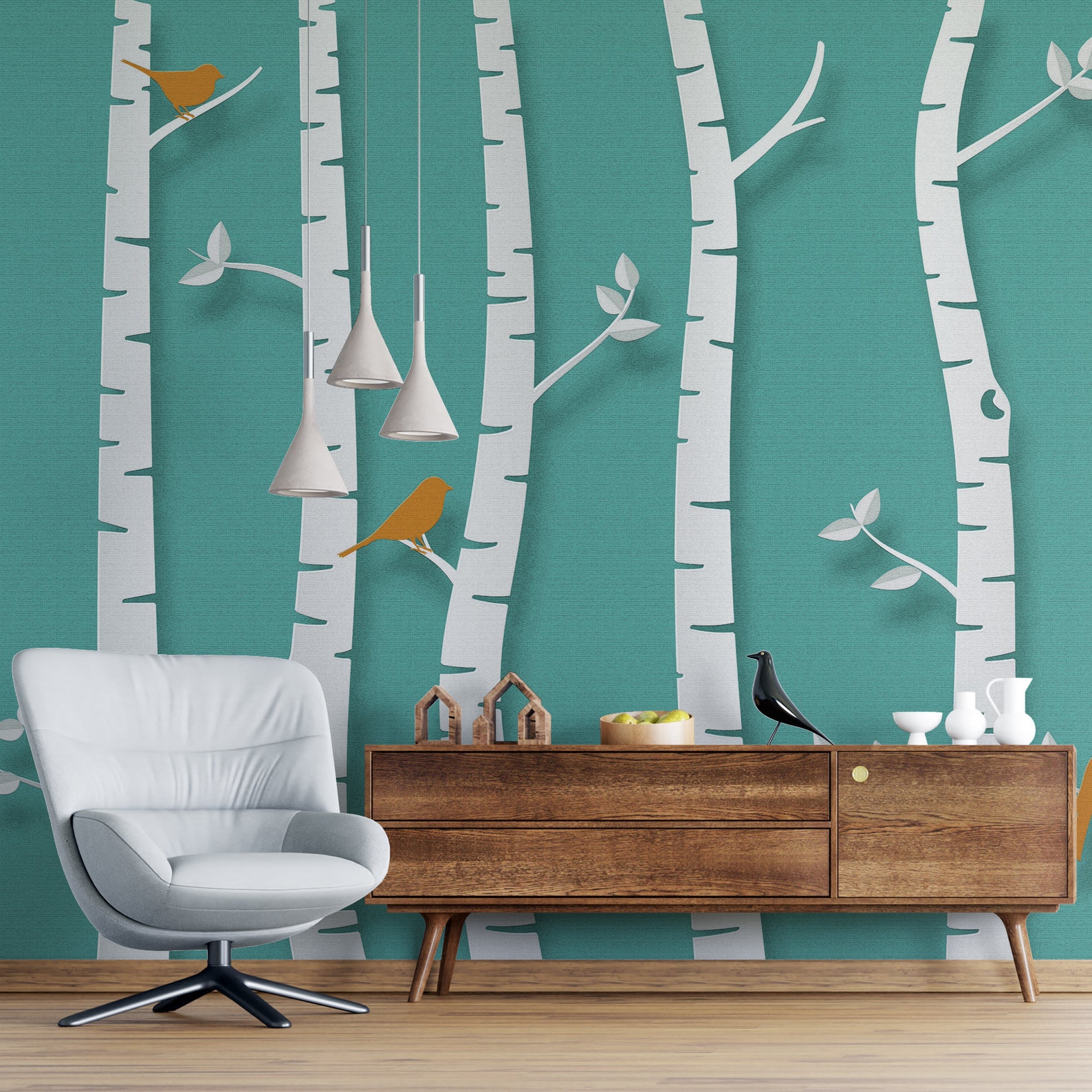 Birch Tree Forest Wallpaper Nature Theme Wall Mural, Easy Peel and ...