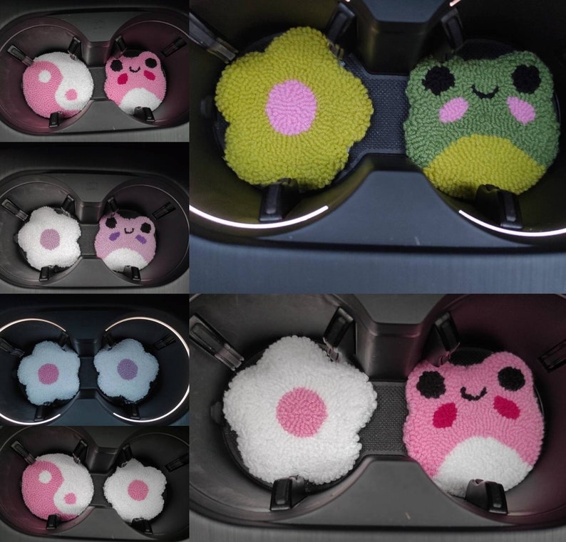 Set of 2 Punch Needle Frog Car Coaster, Handmade Cute Car Accessories ...