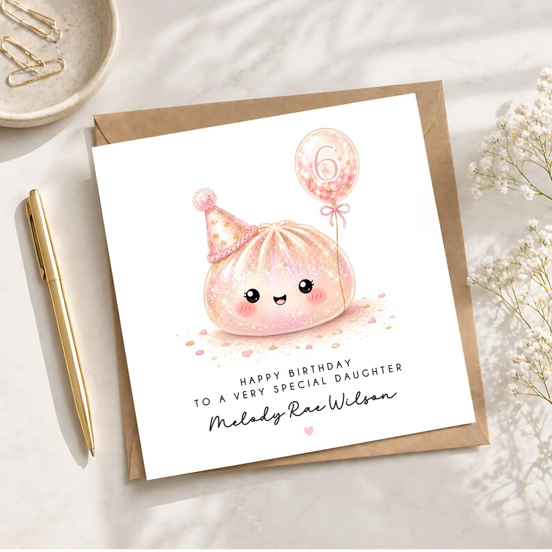 Personalised Pink Dumpling Birthday Card, Cute Squishy Dumpling Card ...