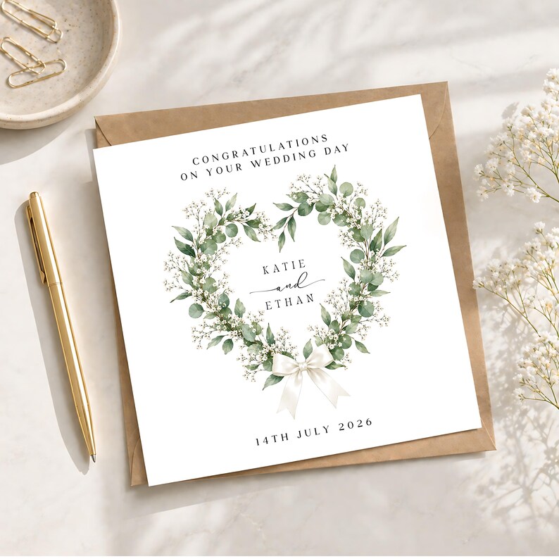 Personalised Wedding Day Card, Bride and Groom Wedding Card, Greenery ...