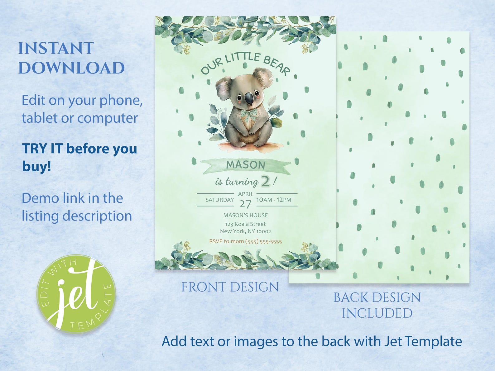 PRINTABLE Koala Birthday Invitation 5 X 7 Editable Green Birthday ...