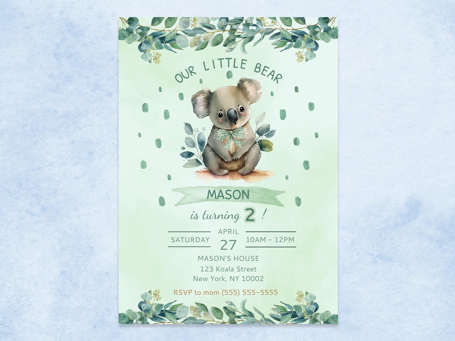 PRINTABLE Koala Birthday Invitation 5 X 7 Editable Green Birthday ...