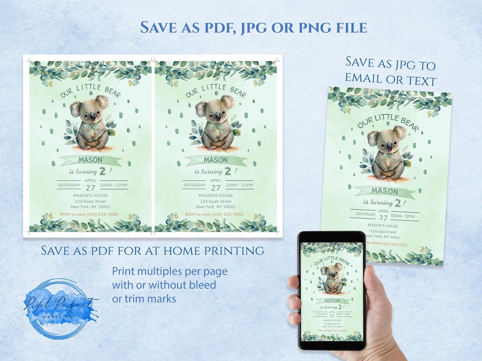 PRINTABLE Koala Birthday Invitation 5 X 7 Editable Green Birthday ...