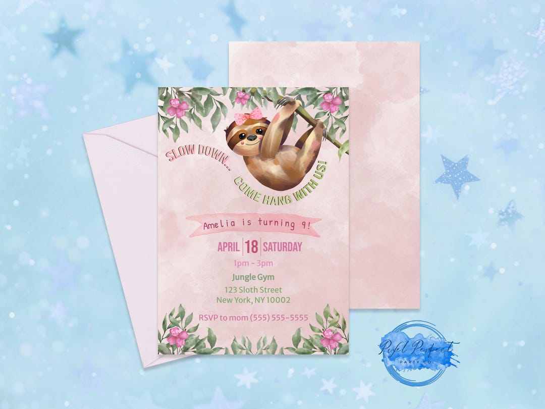 Sloth Party Invitation Editable Digital Download Cute Sloth Invite - Etsy