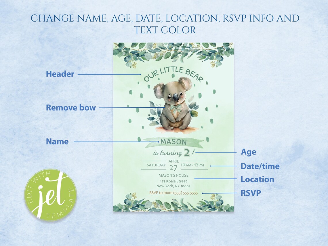 PRINTABLE Koala Birthday Invitation 5 X 7 Editable Green Birthday ...