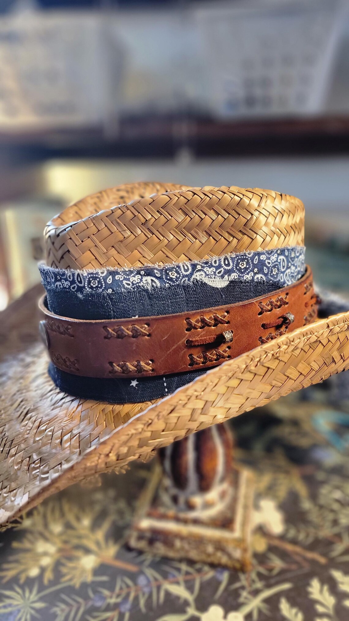 Cocoa Straw Cowboy Hat Featuring Distressed Vintage Leather Hatband ...