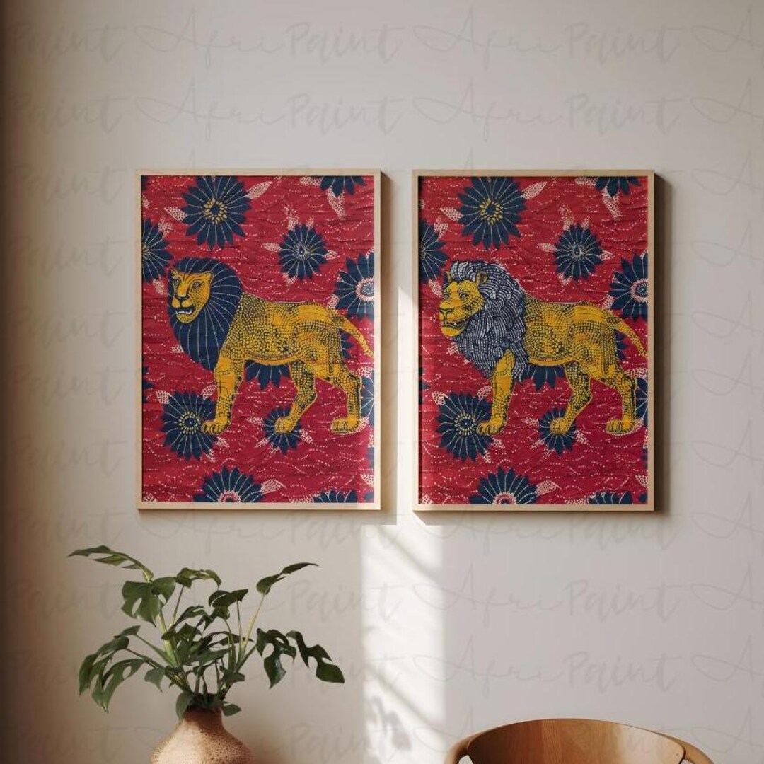 King of the Ankara Digital Printable Art, 2 Piece Set, African Lions ...