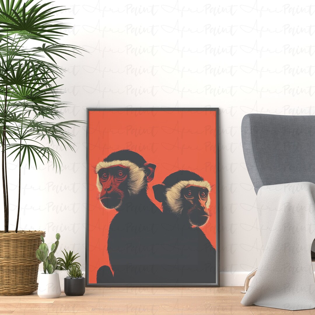 Two Macaque Monkeys Digital Printable Wall Art, African Art, African ...