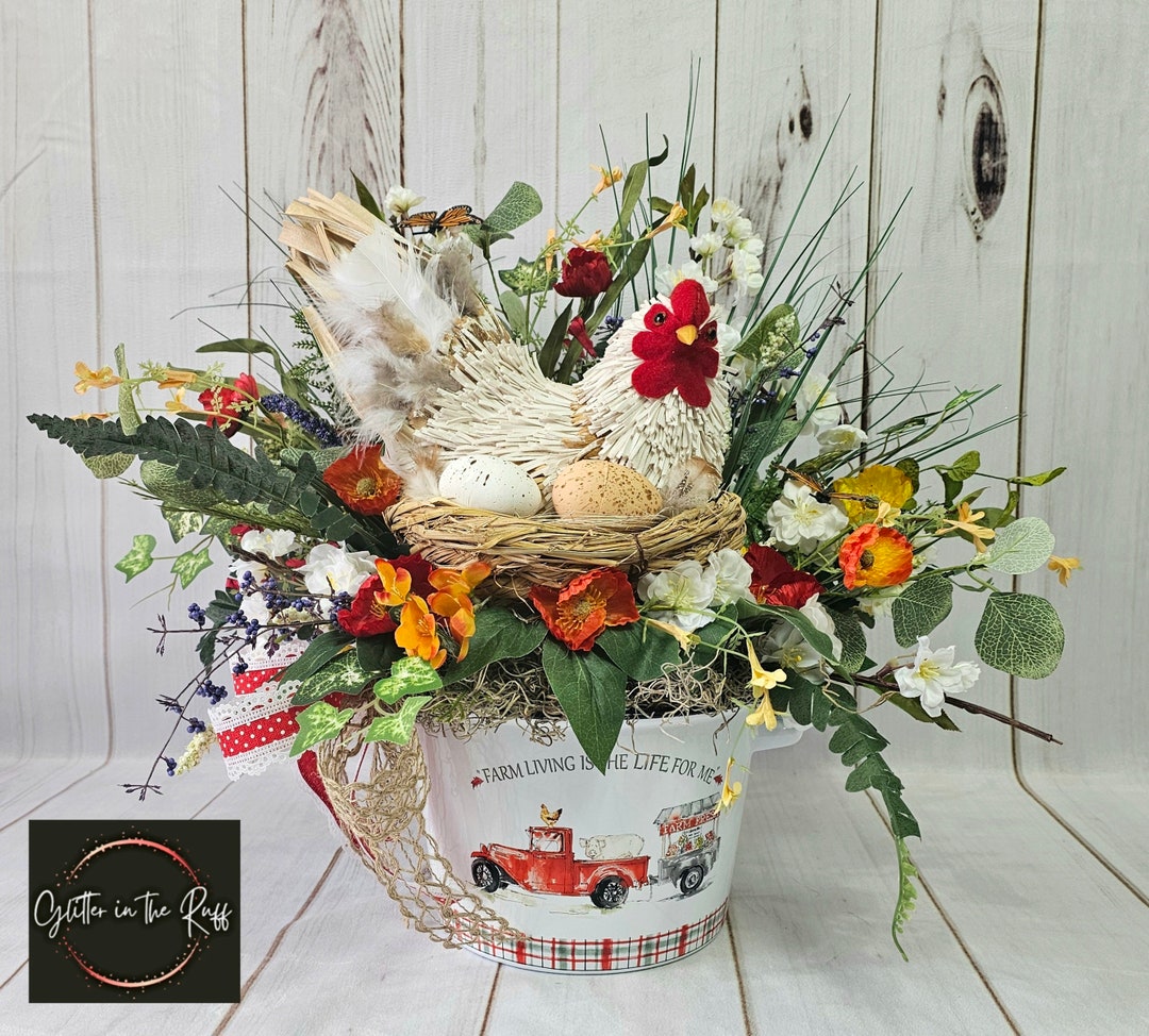 Country Chicken Decor, Chicken in Flowers, Spring Decor, Spring ...