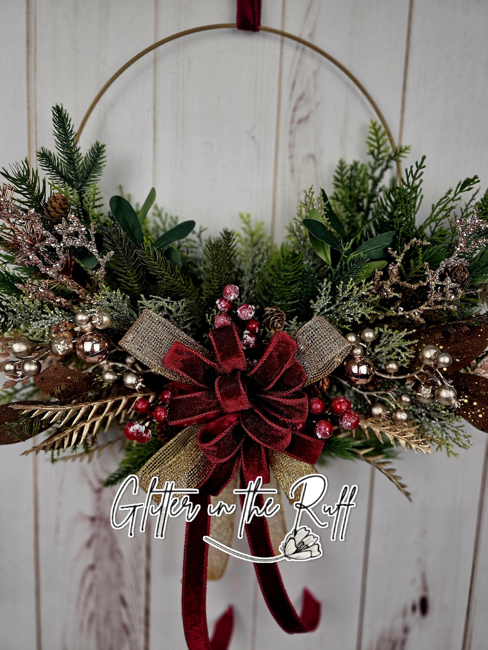 Christmas Hoop Wreath, Gold Loop, Velvet Bow, Holiday Decor - Etsy