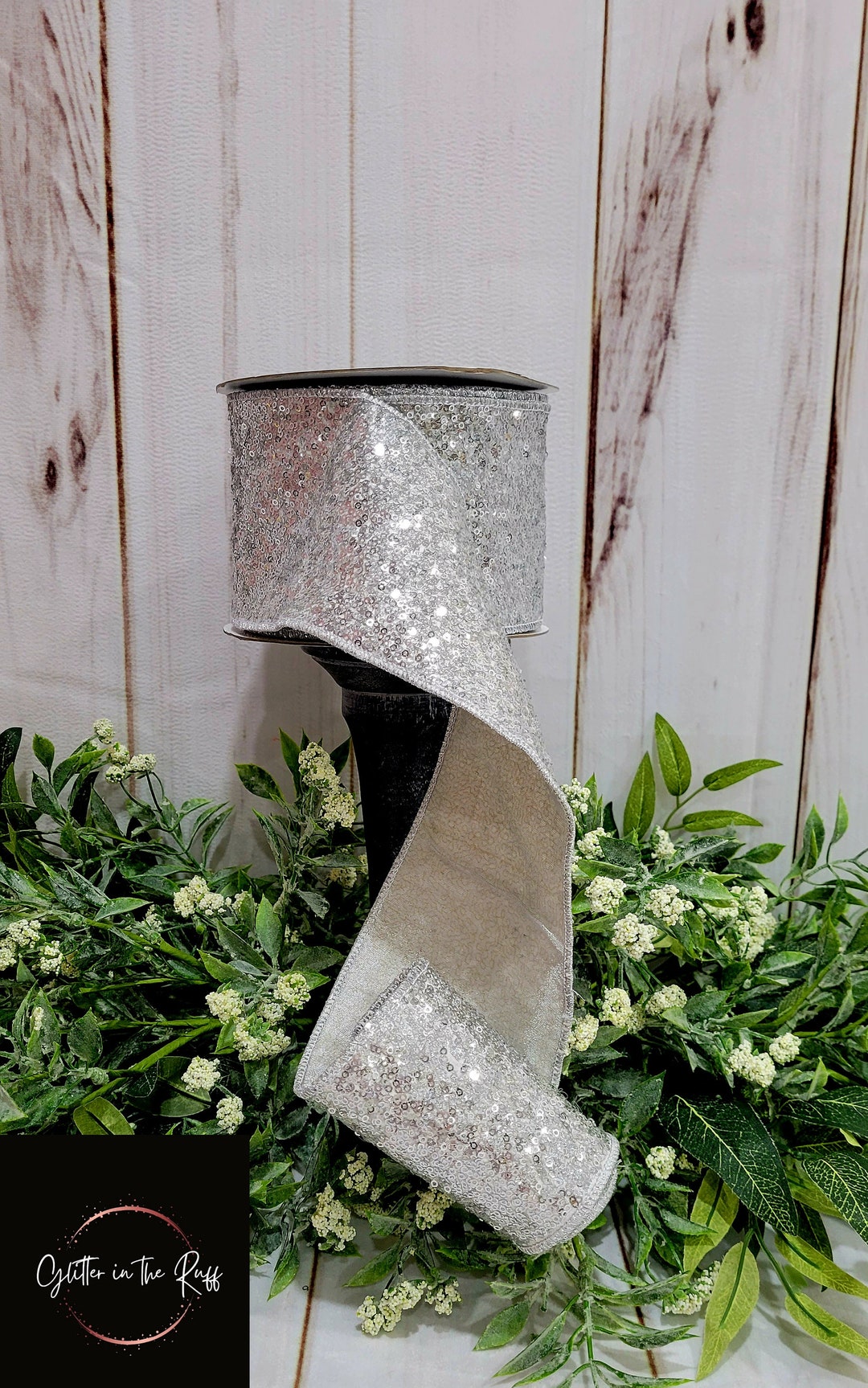 4" Wide Wire Ribbon, Silver Ribbon, Sequence Ribbon, Holiday Ribbon ...