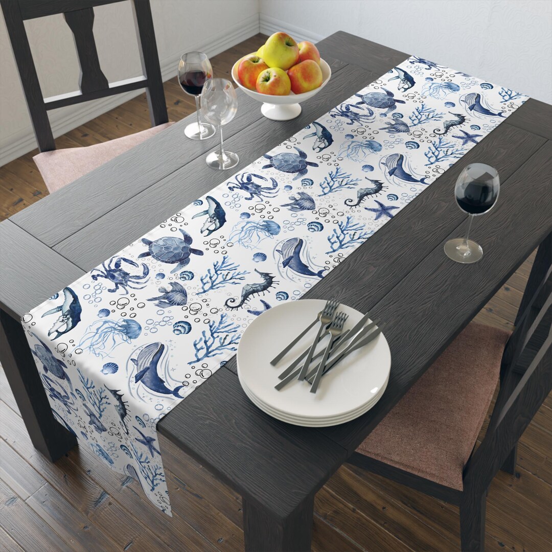 Ocean-inspired Table Runner: Nautical Turtle & Sea Creatures Coastal ...