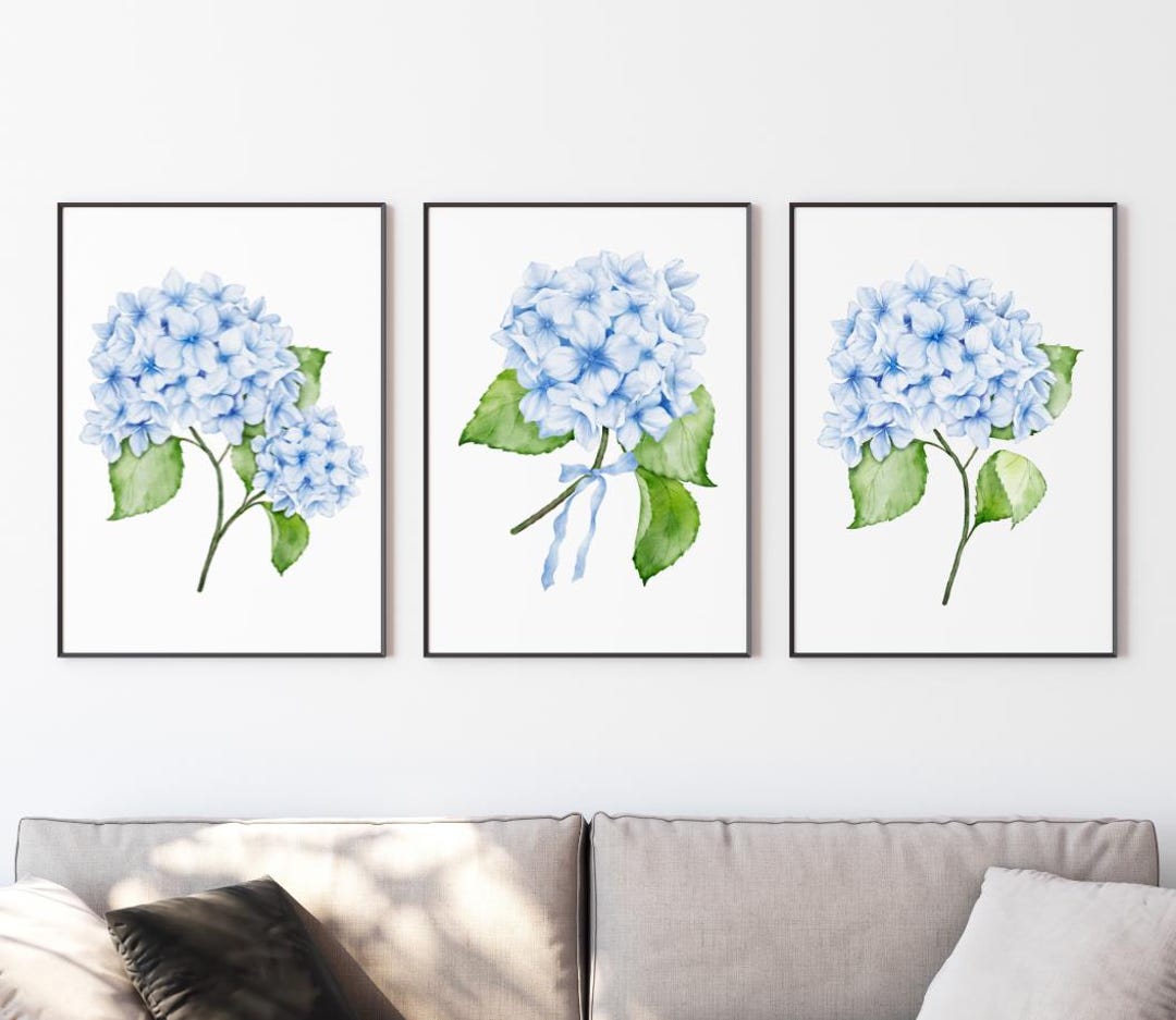Watercolor Blue Hydrangea Wall Art Set, Minimalist Floral Decor ...