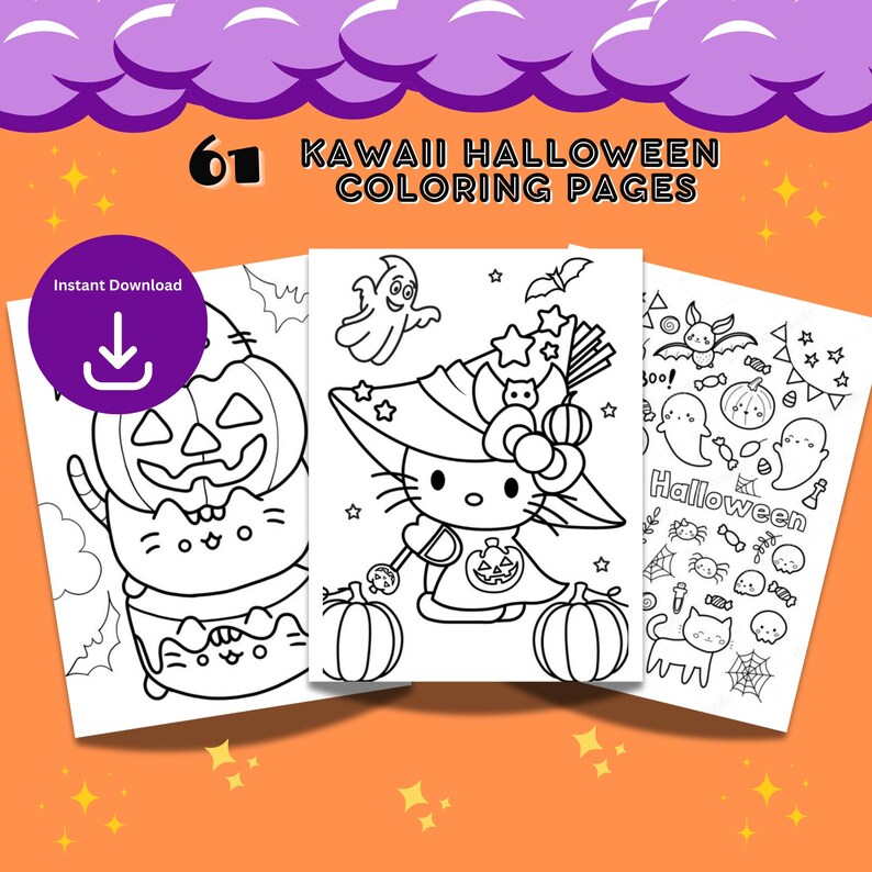 61 Kawaii Halloween Coloring Pages, Spooky Coloring Book for Kids, Cute ...