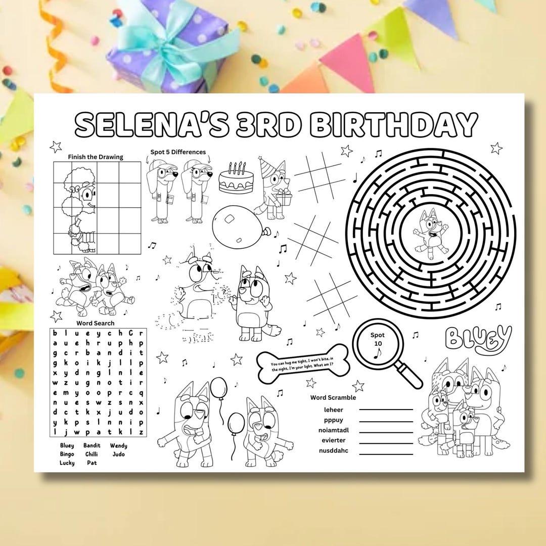 Bluey Bingo Editable Activity Placemat, Bluey Birthday Party ...